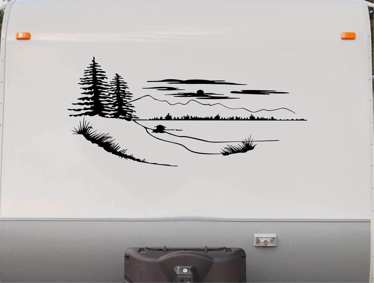 RV Camper Decal Sticker – Lake Pine Tree Cabin Scene